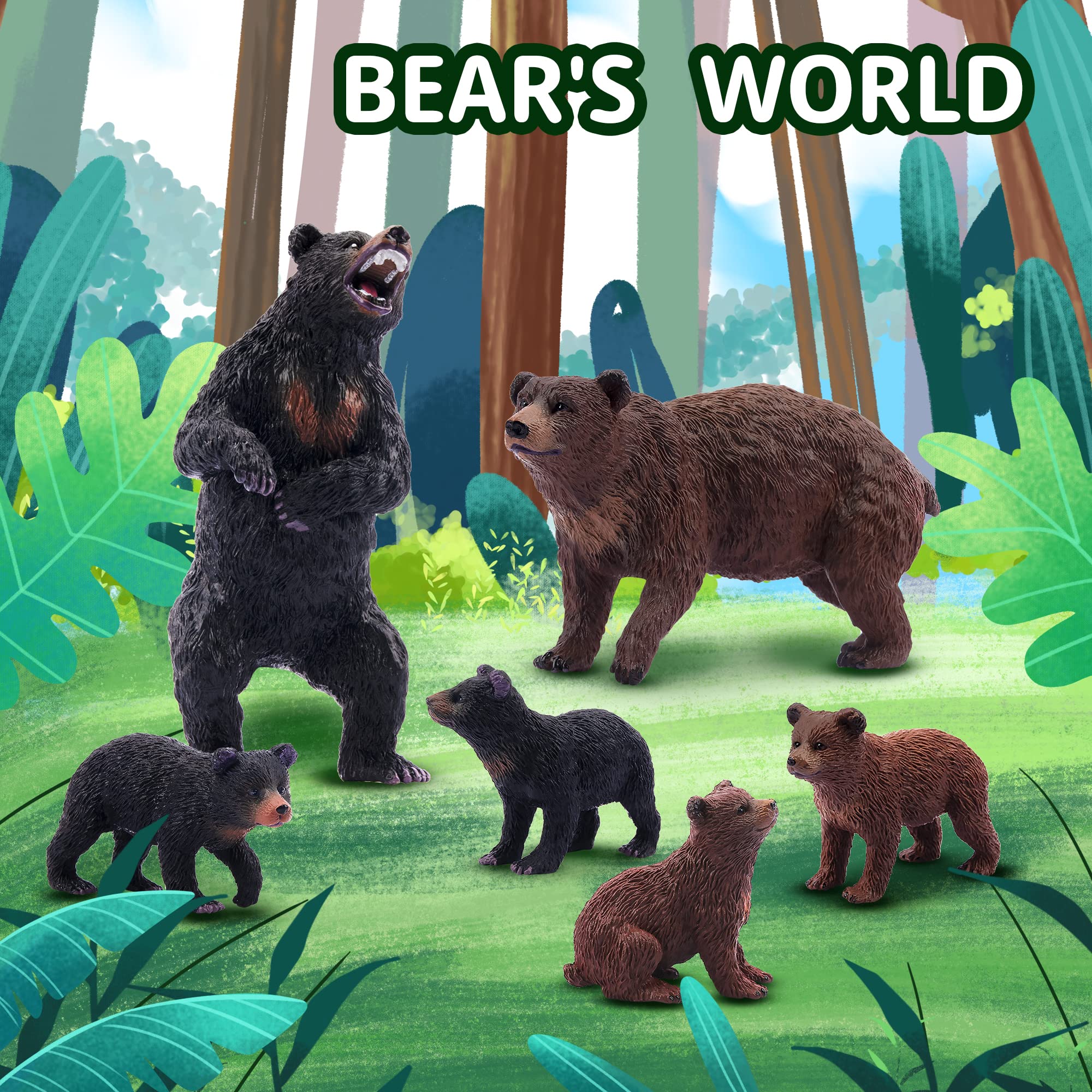 Toymany 6PCS Bear Figurines, Realistic Forest Animals Bear Family Figures Toy Set Includes Brown Bears Black Bears and Cubs, Education Toy Birthday for Kids Toddlers