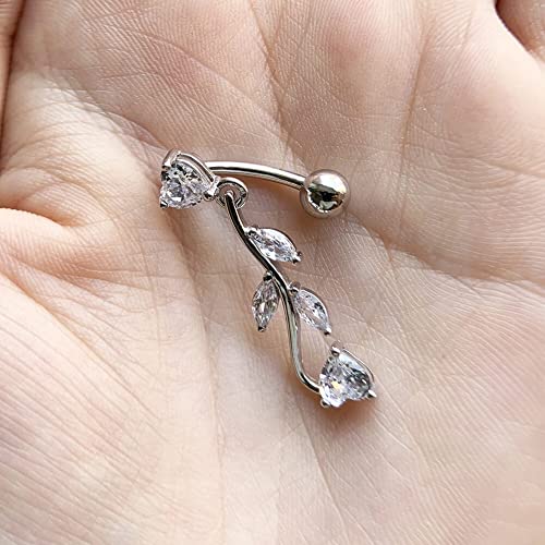 Arardo Sterling Silver Top Down Reverse Belly Button Rings, Real 925 Sterling Silver Belly Rings, 14G Reverse Belly Button Ring, Sterling Silver Navel Piercing Rings, Dangle Leaves, 10mm, SS50-1