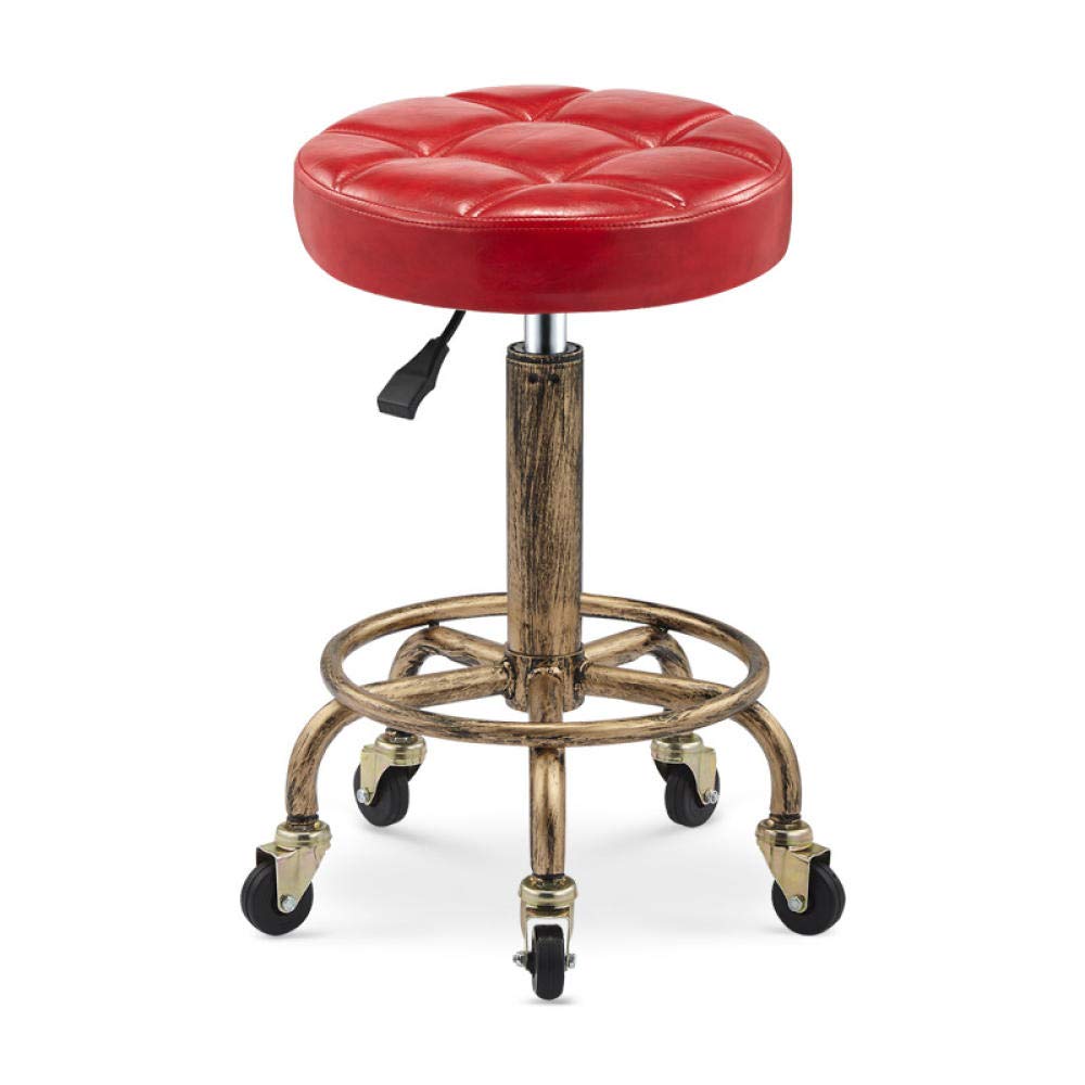 Beauty Salon Stool with Wheels,Beauty Bed Stool with Red PU Synthetic Leather Seat,Adjustable Height 50-64 cm,Supported Weight 160 Kg,Tattoo Stool Chairfor Home Office Stationery and Organisation Or