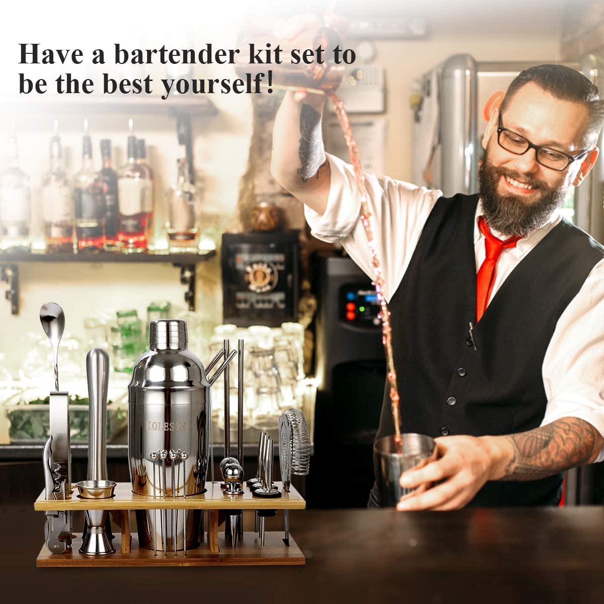 Bartender Kit, 26-Piece Stainless Steel Bartender Kit with Stylish Bamboo Stand Home Cocktail Shaker Set Bar Set with Bar Mixer Best Bar Kit for Beginners
