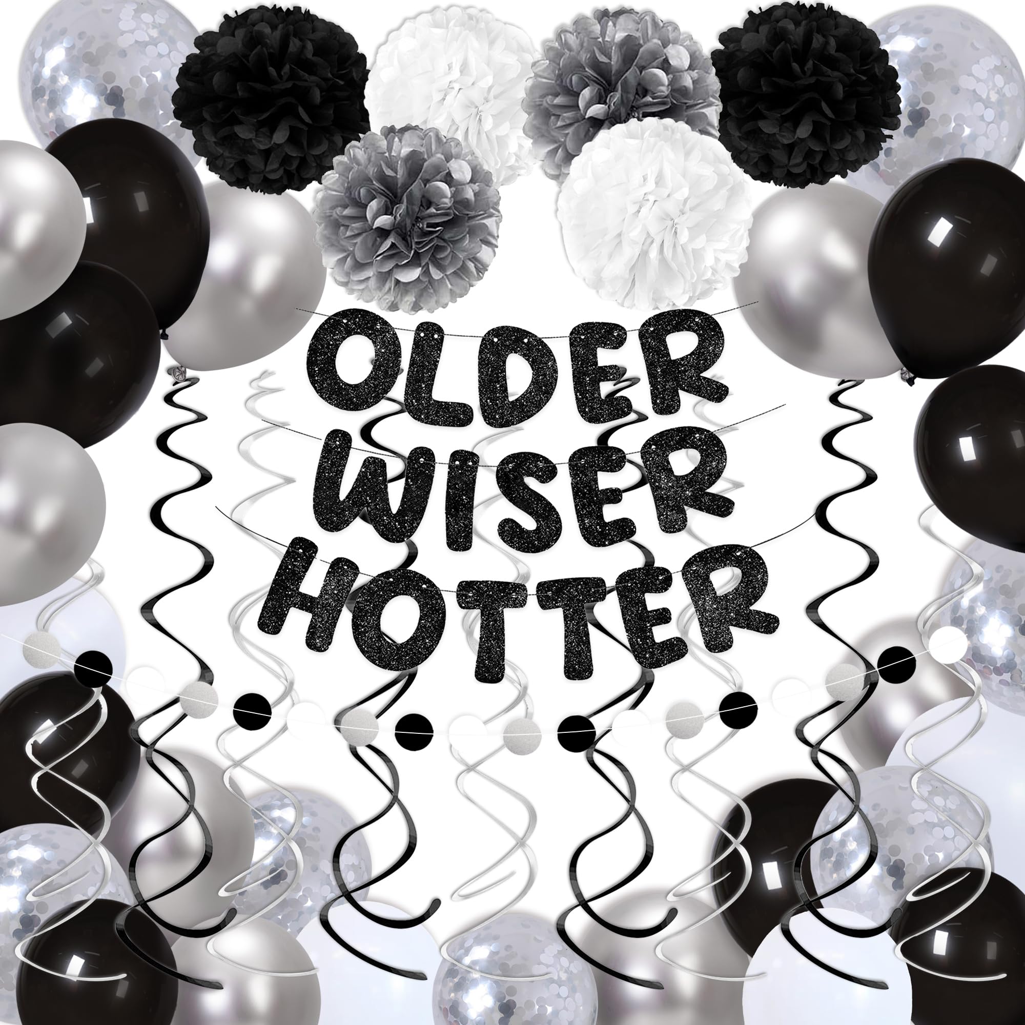 Black and White Birthday Decoration Black and Sliver Party Decorations Birthday Party Decorations for Men Women Banner Balloons Swirls Tissue Pompoms 16th 21st 30th 40th 50th 60th Birthday Supplies