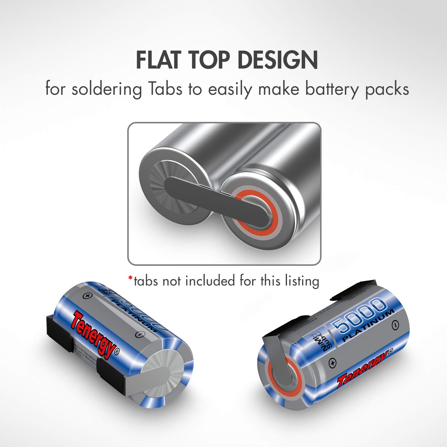 Tenergy NiMH SubC 5000mAh Flat Top Rechargeable Battery (No Tabs) - 10 Pack