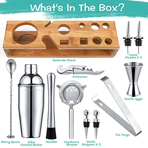 Bartender Kit,Cocktail Shaker Set,Bar Mixing Set with 24oz Stainless Steel and Bamboo Stand, Bar Set with Recipe by Bournis