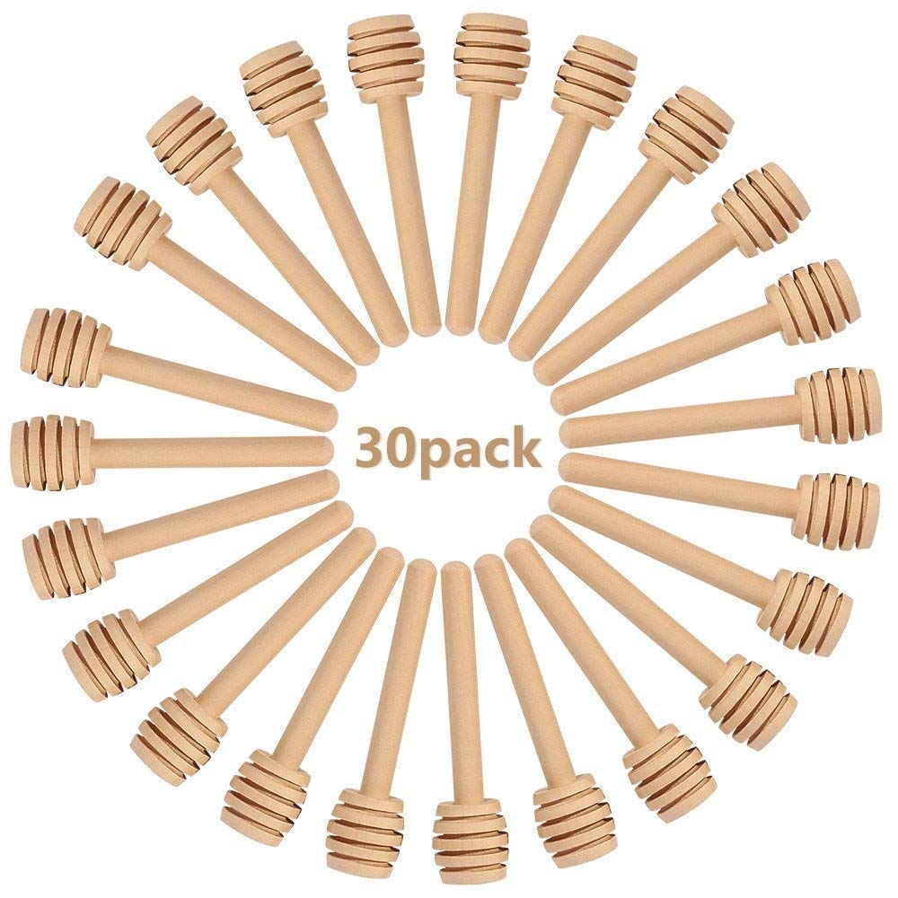 Besokuse Wood Honey Dipper Sticks Server for Honey Jar Dispense Drizzle Honey, Wedding Party Favors … (set of 30)