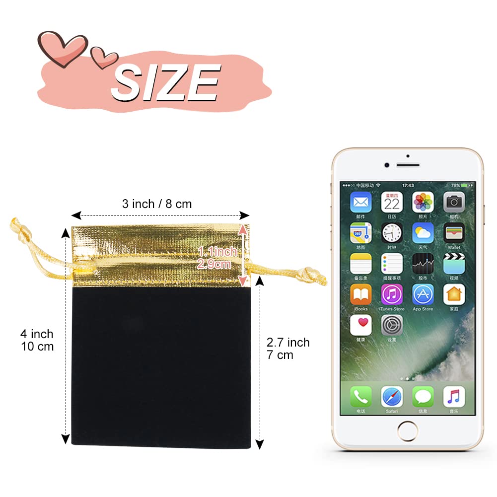 HRX Package Velvet Jewelry Bags 3x4 inch, 20pcs Black Gold Cloth Drawstring Pouches for Small Gift
