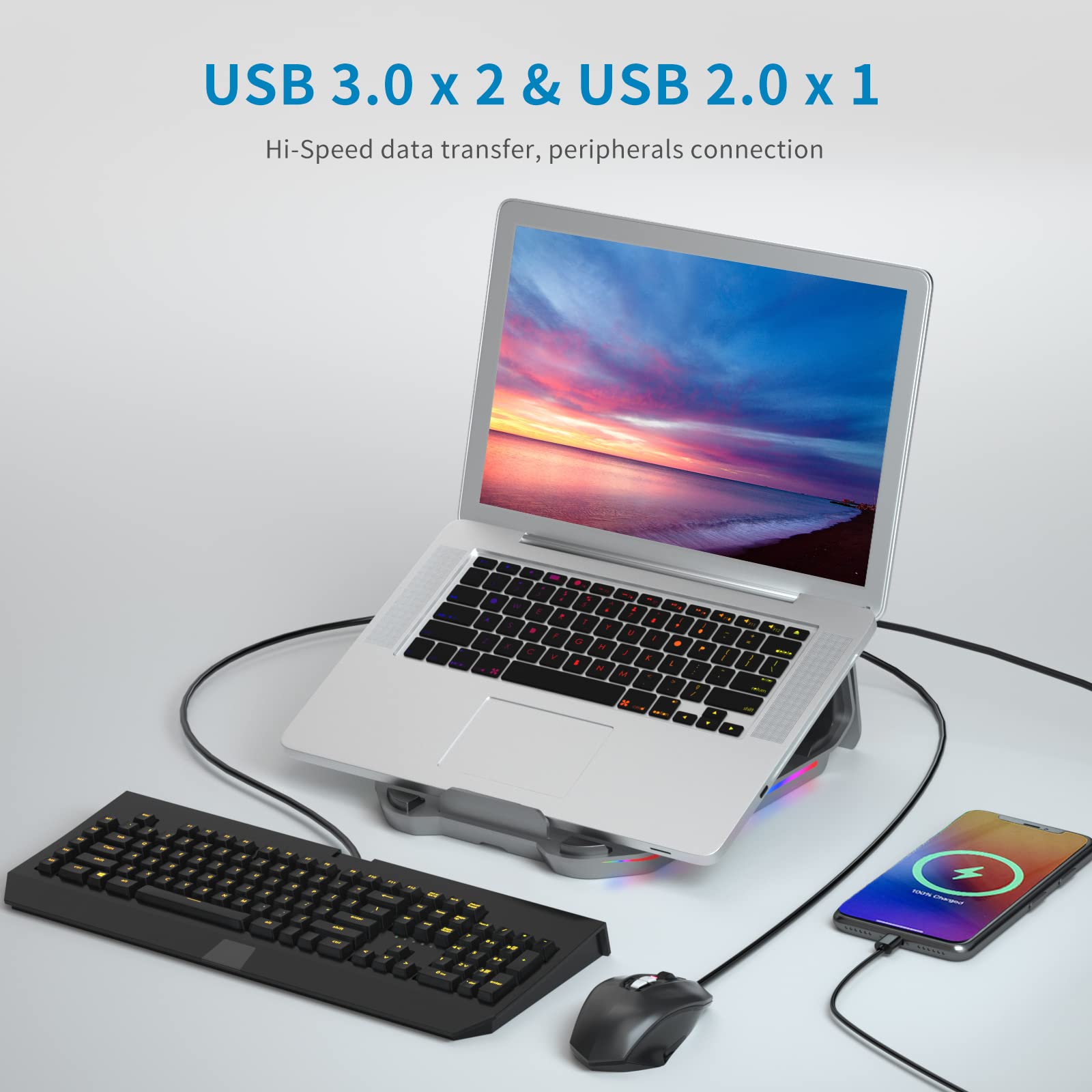 ARGB Lights Laptop Stand with USB C 8 in 1 HUB, Aluminum Laptops Computer Stand, HDMI, USB 3.0, USB 2.0, RJ45 Ethernet, SD, TF, Type C PD