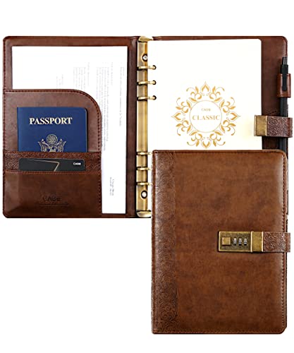 CAGIE Journal with Lock for Adults, Large Refillable Lock Diary 6 Ring Binder Notebook with Lock for Men Women, 7 x 9 Inch, Brown
