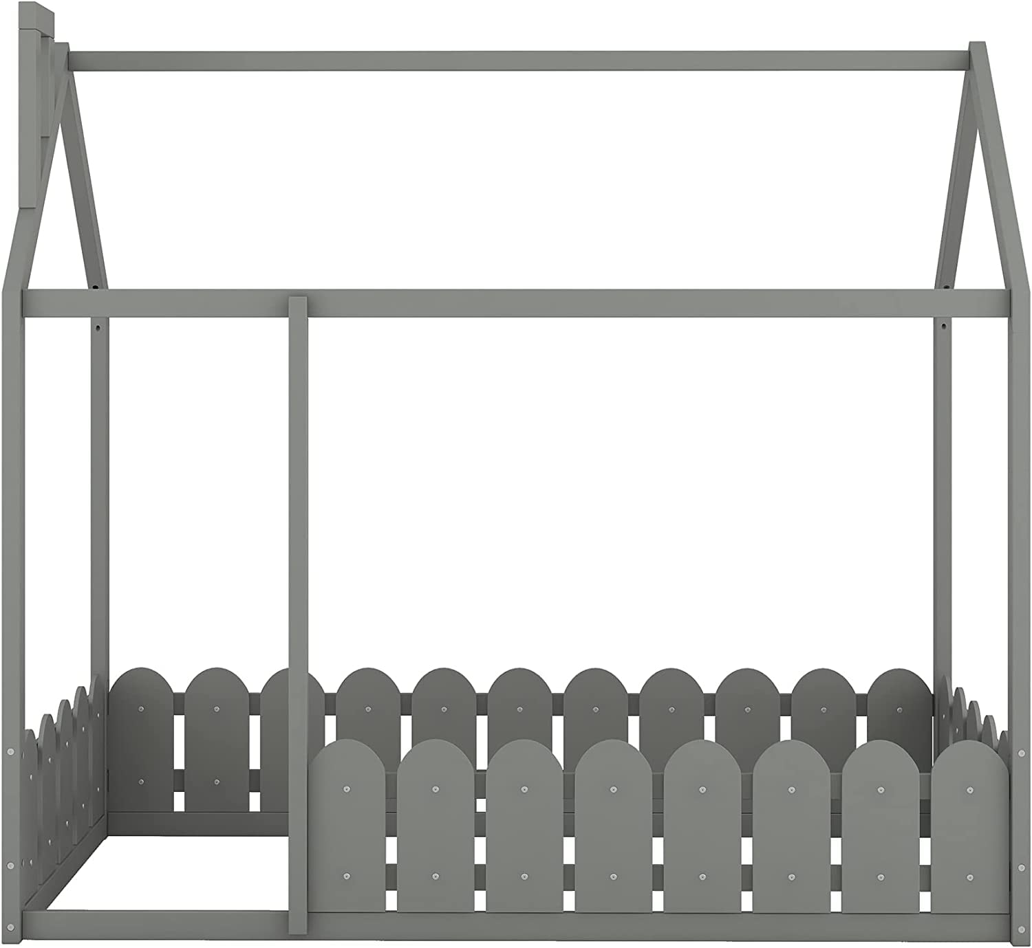 Harper & Bright Designs Twin House Bed Frame for Kids, Montessori Floor Bed Twin with Fence-Shaped Rails, Wood Twin Floor Bed Frames for Girls, Boys(Twin,Grey)
