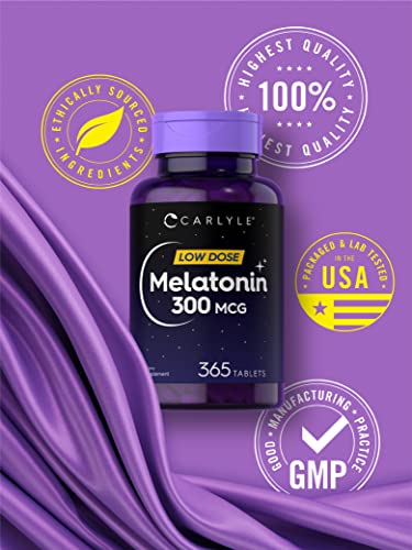Carlyle Melatonin 300 mcg | 365 Tablets | Low Dose | Vegetarian, Non-GMO, Gluten Free