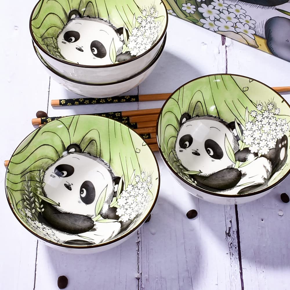 BOSILI Cute Panda Rice Bowls and Chopsticks set, Ceramic Rice Bowls for Dessert Soup Rice As A Good Gift (4 pieces)