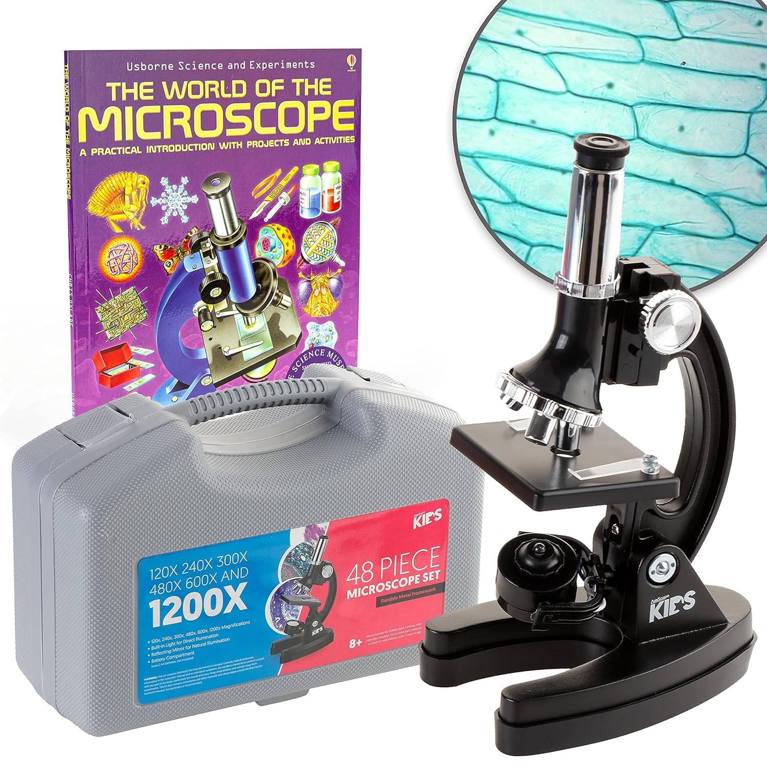 AmScope M30-ABS-KT1-WM 120X-240X-300X-480X-600X-1200X Educational Metal Arm Kids Compound Microscope Kit + Book