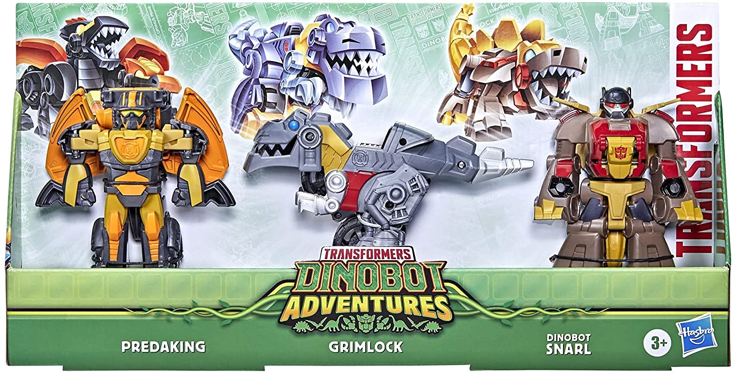 Transformers Dinobot Adventures Dino Squad Grimlock, Dinobot Snarl, and Predaking 3-Pack Converting Action Figures Bundle with 2 My Outlet Mall Stickers
