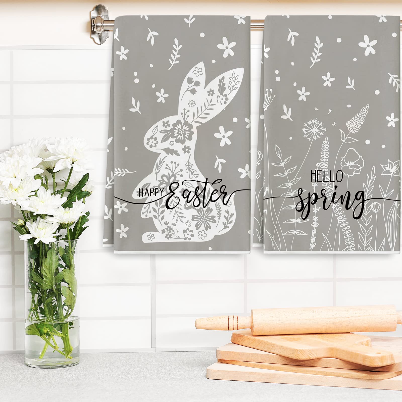 AnyDesign Easter Spring Kitchen Towel Gray Farmhouse Easter Bunny Rabbit Floral Dish Towel 18 x 28 Inch Rustic Hand Drying Tea Towel for Cooking Baking Cleaning Wipes, Set of 2