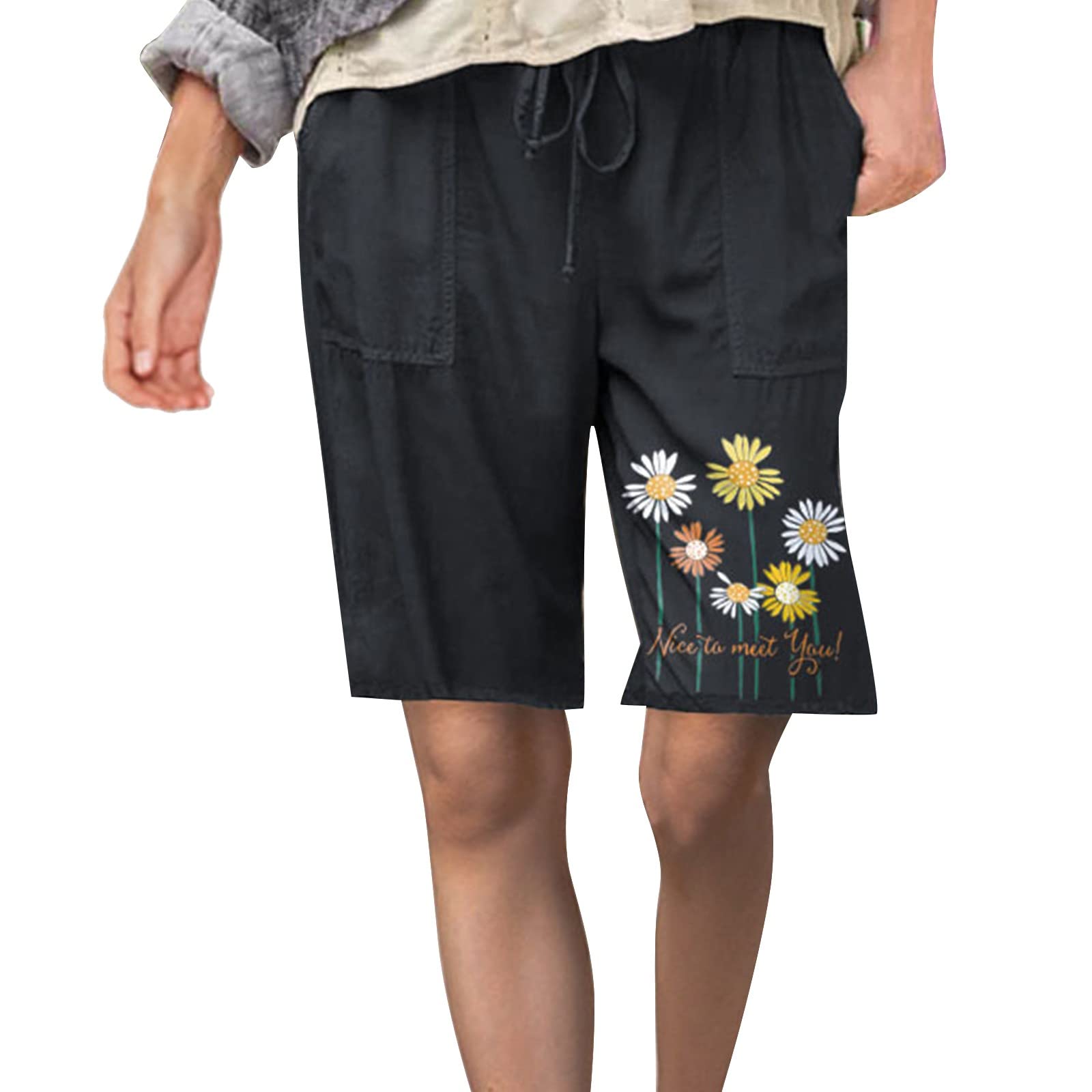 Bermuda Shorts Plus Size Causal Drawstring Elastic Waist Loose Workout Sweat Summer Shorts Women Shorts Athletic Yoga Black