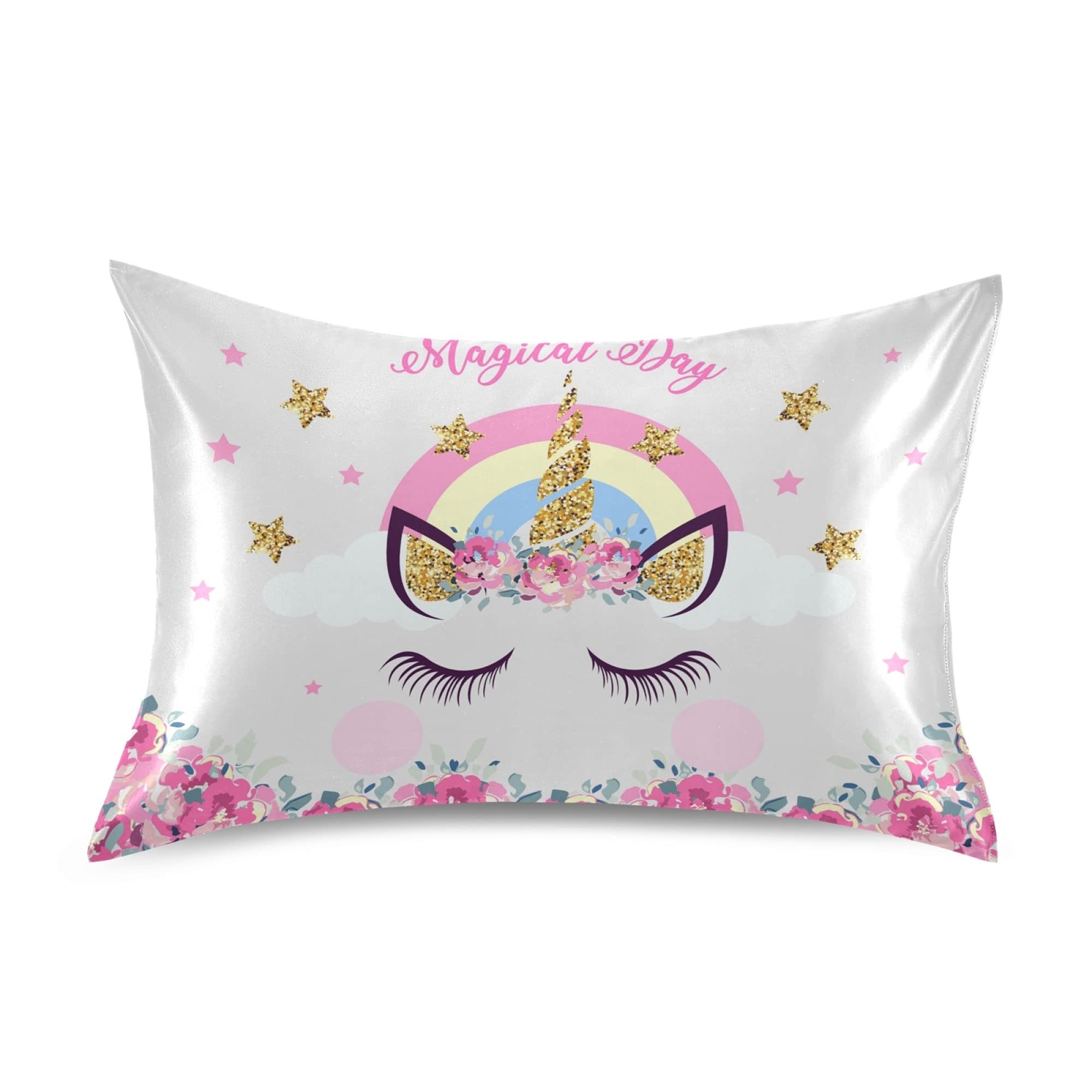 Dalzium Cute Unicorn Girl Print Satin Pillowcase for Hair and Skin, Unicorn and Pink Flowers Silk Pillow Case with Envelope Closure, Standard Size 20x26 inches, White, 1 PC