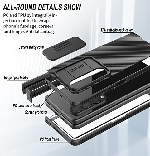 COCOING for Samsung Galaxy Z Fold 4 Case with S Pen Holder & Slide Camera Cover & Screen Protectors,Hinge Protection with Hidden Kickstand Phone Case for Samsung Galaxy Z Fold 4(2022) Black
