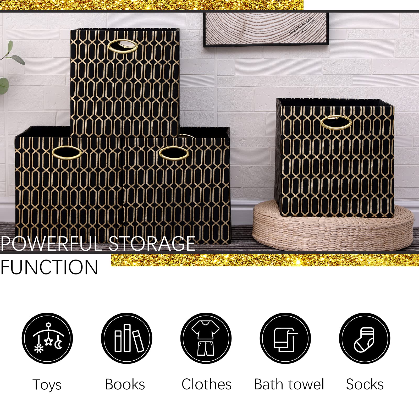 Fboxac Cube Storage Bins 13×13 Polyester Foldable Box with Handles, Black Gold Collapsible Organization Basket Set of 4 Large Capacity Drawer for IKEA Closet Shelf Halloween Cabinet Bookcase