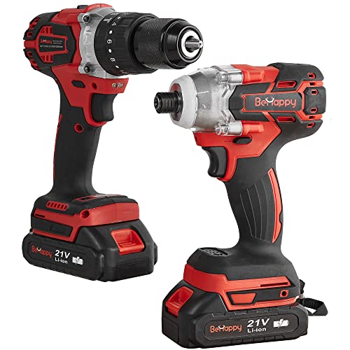 BeHappy Cordless Drill Combo Kit 21V, 1/2 Inch Brushless Power Tool Kit and 1/4 Inch Impact Driver, Electric Drill Kit with 2 Batteries and Charger, DIY