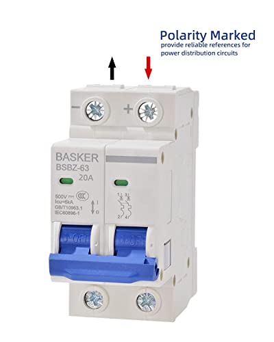 BASKER DC Circuit Breaker, 20Amp 2 Poles 500V Solar Disconnect Switch for Solar PV System Solar Panels Grid System, DIN Rail Mount, DC Breaker MCB (20A)