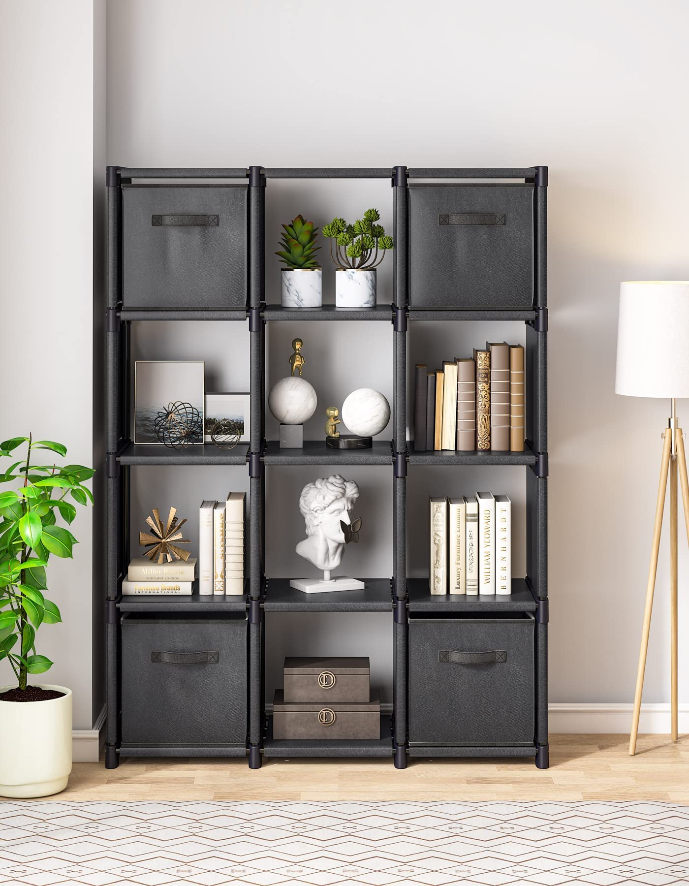 Tribesigns 12 Cubes Storage Organizer DIY Storage Shelves Stackable Open Bookshelf with 4 Cube Storage Bins with Handle Organizer 10.5" x 10.5" for Closet Rack Cabinet Bedroom Livingroom, Black