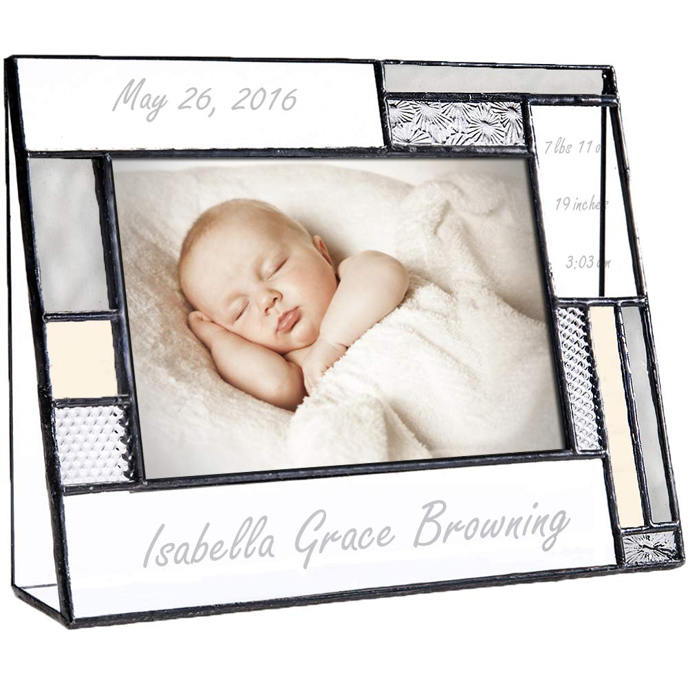 Personalized Baby Picture Frame Grey and Yellow Engraved Glass 4x6 Photo Nursery decor Newborn girl or boy J Devlin Pic 392-46H EP530 (4x6 horizontal)