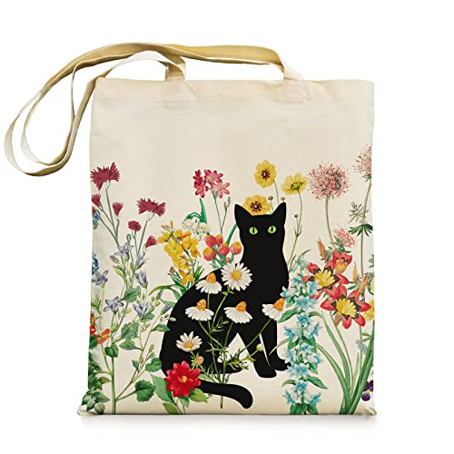 bmuvghi Black Cat Canvas Tote Bag with Zipper Pockets Vintage Flowers Cute Tote Bag Aesthetic Reusable Shopping Grocery Bags Birthday Gifts for Women Mother Teacher