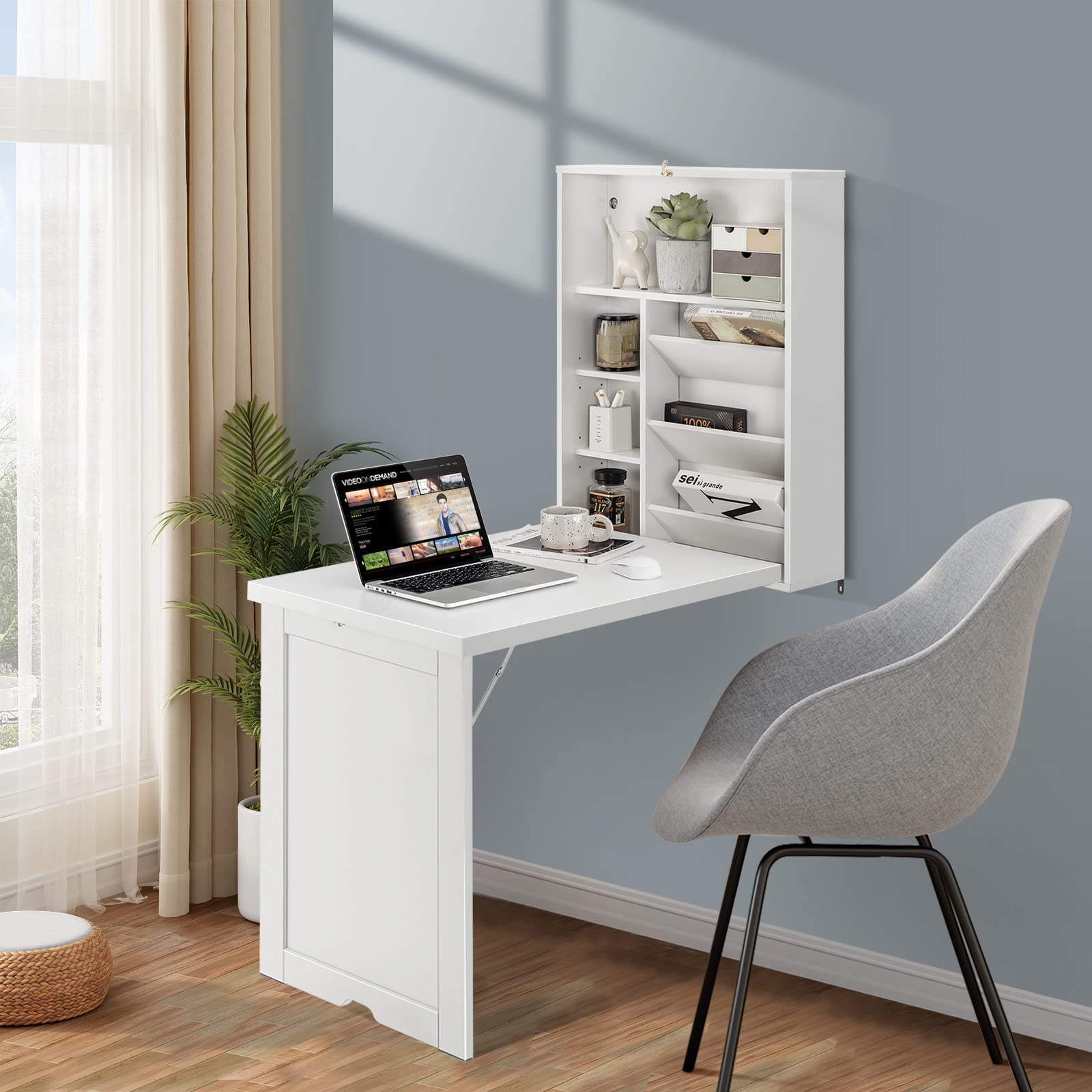 IFANNY Folding Wall Mounted Desk, Fold Down Desk with Storage Shelves, Wood Convertible Desk for Small Spaces, Murphy Desk Wall Mount, Floating Desk for Home Office (White)