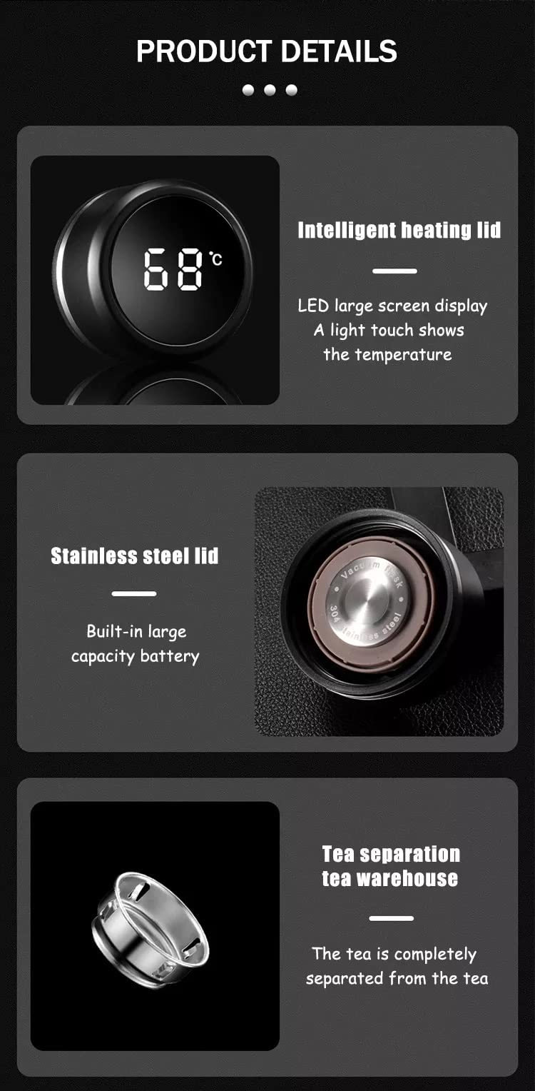 BestJenara Insulated Water Bottle with LED Display Coffee Vacuum Thermos Bottle Keep Drinks Hot or Cold for Travel School Office (Black, 17 fl oz)