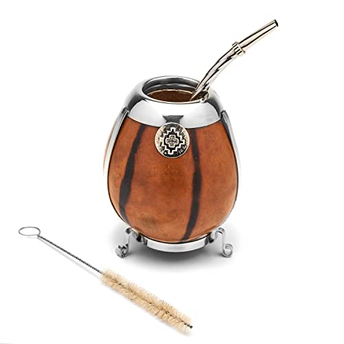 BALIBETOV [New Handmade Yerba Mate Gourd Set - German Silver Trim and Base - [Mate Cup] with Bombilla [Yerba Mate Straw] (Natural)