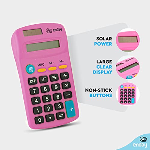 Calculator Pink, Basic Small Solar and Battery Operated, Large Display Four Function, Auto Powered Handheld Calculator School and Kids Available in Green, Red, Purple, Grey, Blue, 1 PK β by Enday