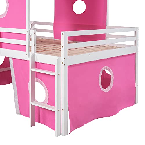 BOVZA Castle Full Low Loft Bed with Slide Pink Tent and Tower for Kids Teens Boys Girls, Pink