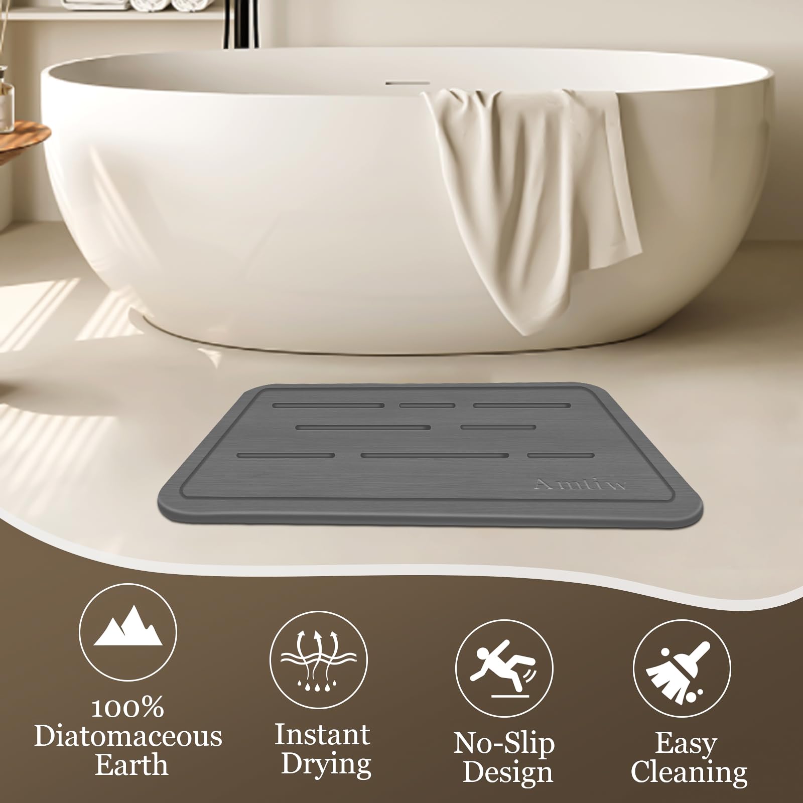 Amtiw Stone Bath Mat Non-Slip Fast-Drying Mat for Kitchen Counter, Bathroom Floor - Super Absorbent Diatomaceous Earth Shower Mat (Gray)