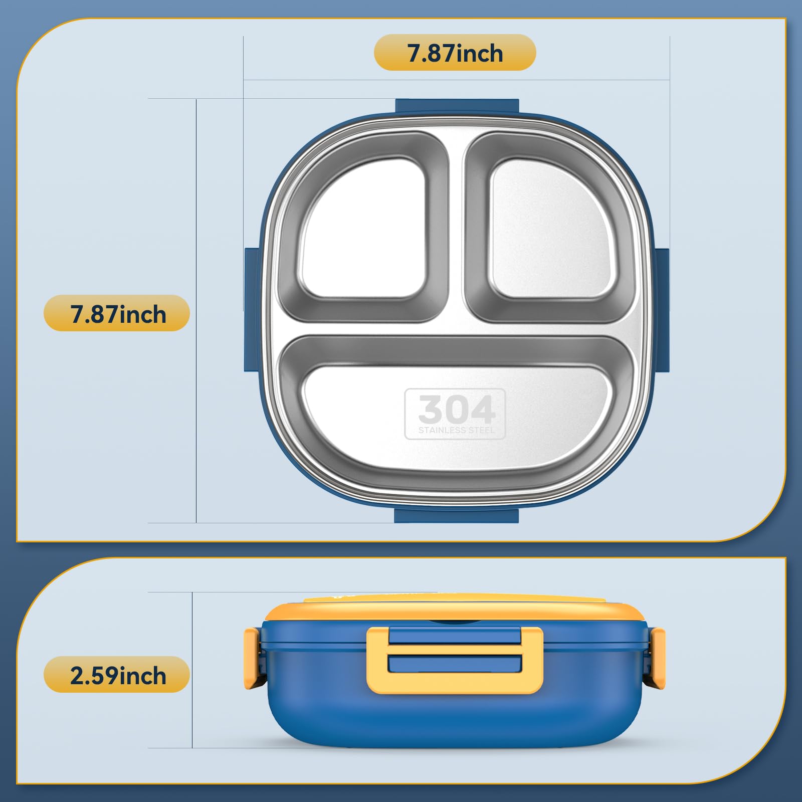 PEDECO Bento Box for Kids Stainless Steel - 3-Compartment - Complete Lunch Set with Portable Utensil - Ideal for Children Under 10 Years Old - Dishwasher Safe & BPA-Free(Blue)