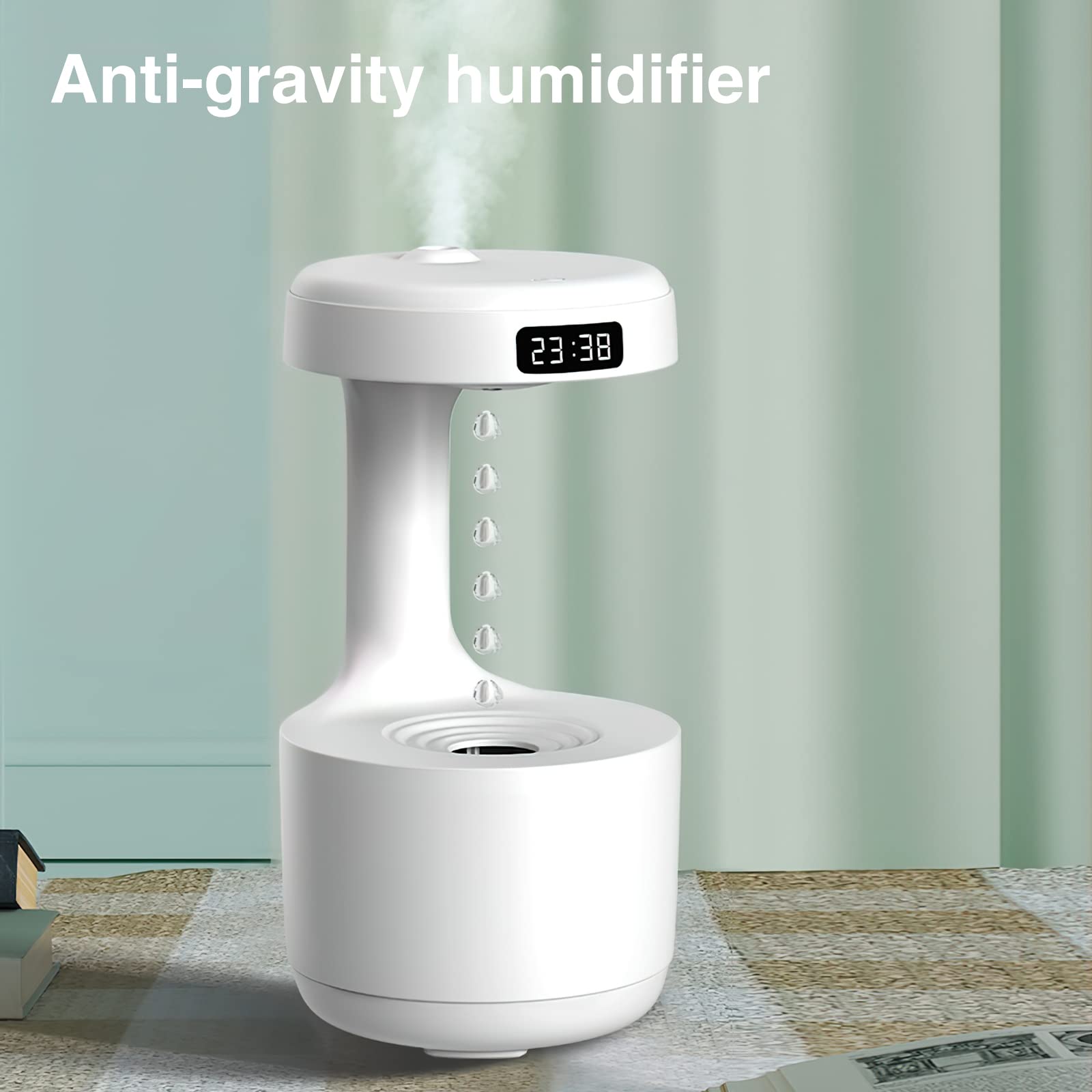 Anti Gravity Ultrasonic Humidifier, 2023 Upgrade Cool Mist Desktop Humidifier, Quiet Diffuser with LED Clock Display, Auto Shutdown Power-Off Protection for Kids Friend Lover Gift Bedroom Home(White)