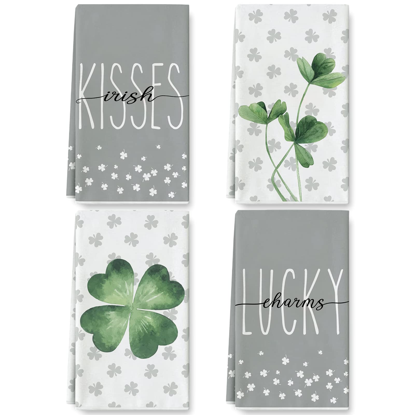AnyDesign St. Patrick's Day Kitchen Towel Gray White Lucky Kisses Dish Towel Shamrock Clover Hand Drying Tea Towel for Cooking Baking Cleaning Wipes, 18 x 28 Inch, Set of 4