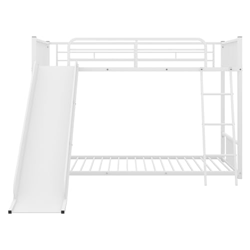 BOVZA Twin Over Twin Low Bunk Bed with Slide, Metal Bunk Bed Frame with Metal Slats Support and Guardrails for Kids Boys Girls Teens, No Box Spring Needed, White