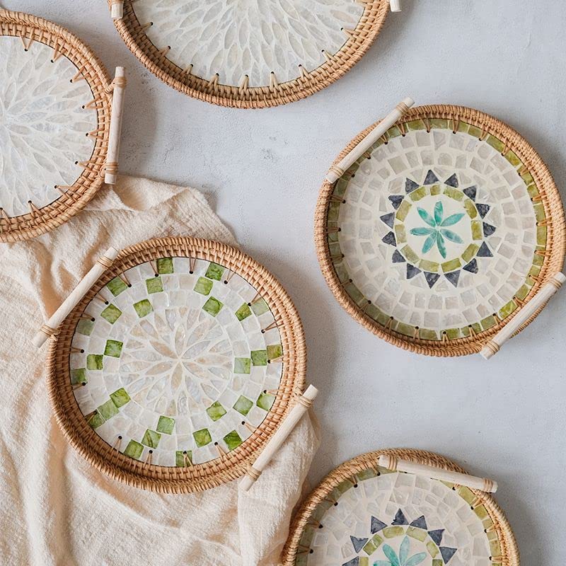 BAUHUS Set 3 Pack Round Rattan Wicker Tray with Mother of Pearl Inlay Wooden Handle for Fruit Serving, Coffee Table Tray, Vanity Tray Organizer for Kitchen, Storage and Display White Set 3