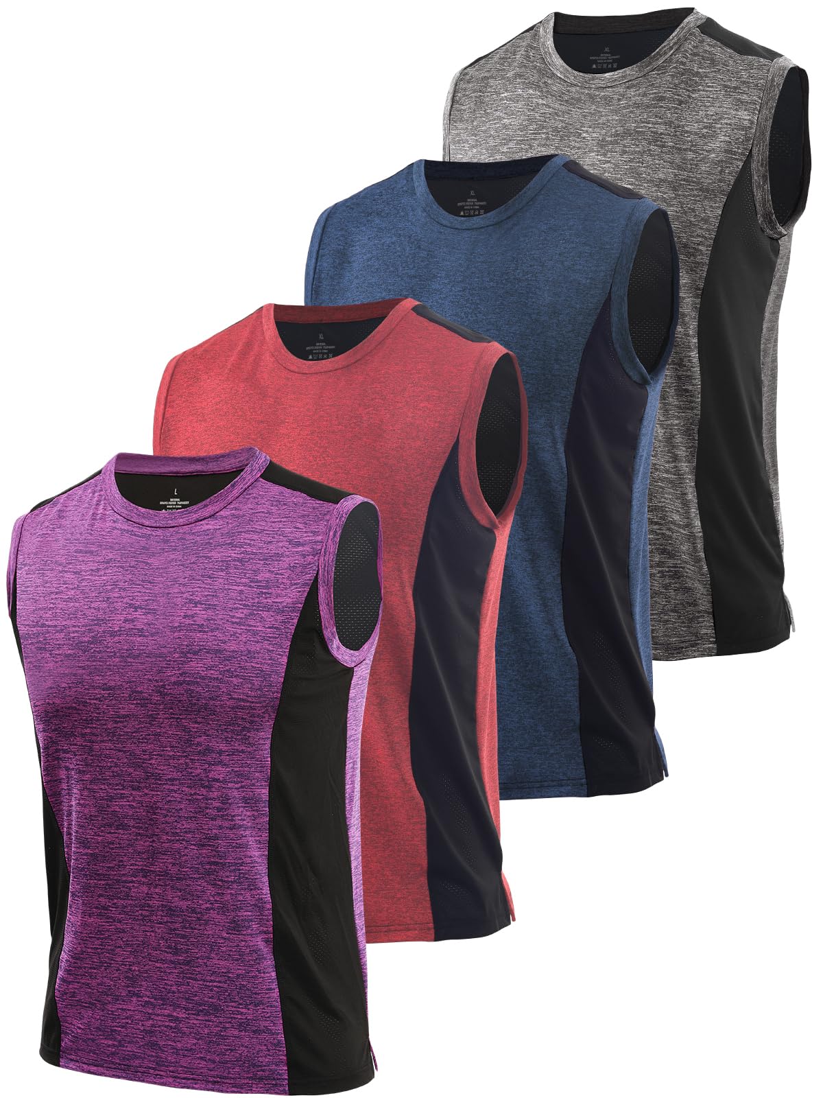 AMVELOP 4 Pack Men's Workout Tank Tops Sleeveless Quick Dry Gym Muscle Shirts Darkgray Navy Red Purple M