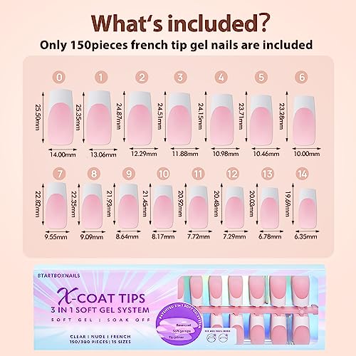 BTArtboxnails French Gel Nail Tips -150Pcs French Tip Press on Nails Pink Long Square 3 in 1 X-coat Tips Pre-applied Tip Primer & Base Coat, No Need to File Fake Nails for Nail Art DIY 15 Sizes