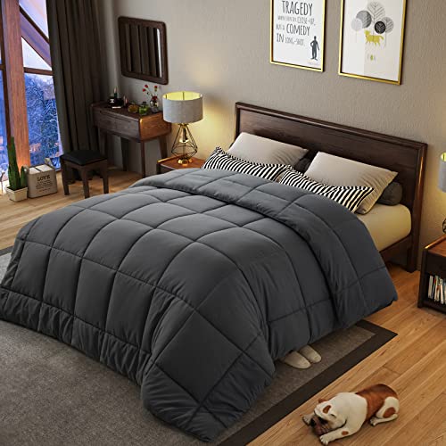 California King Comforter,Luxurious All Season Cooling Fluffy Soft Quilted Down Alternative Comforter Reversible Duvet Insert with Corner Tabs,Dark Grey,96x104 Inches