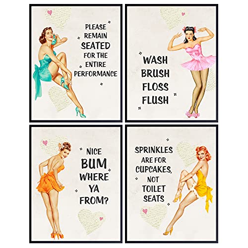 Bathroom Decor For Women - Bathroom Wall Art - Funny Vintage Restroom Decorations for Powder Room, Bath - Cute Unique Housewarming Gift Set