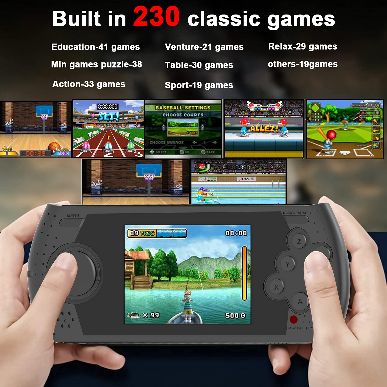 Handheld Games for Kids 16 Bit Retro Video Game Player Built-in 230 HD Games 3” TFT Screen Rechargeable Electronic Games Support Headphone for Best Gift (Black)