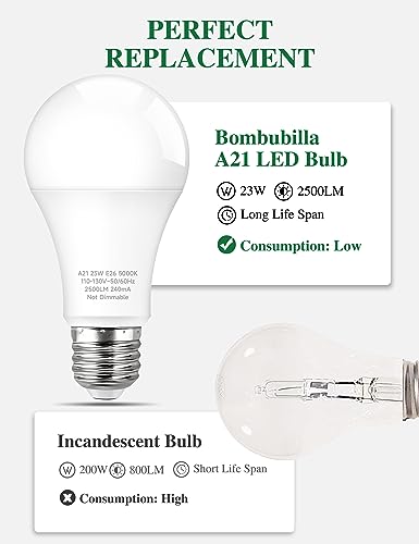 Bombubilla A21 LED Light Bulbs, 150-200W Equivalent 23W LED Bulb, 2500 Lumens, Daylight White 5000K, E26 Base, Non-Dimmable, Super Bright Light Bulbs for Home Office Shop Warehouse Garage, 6 Pack