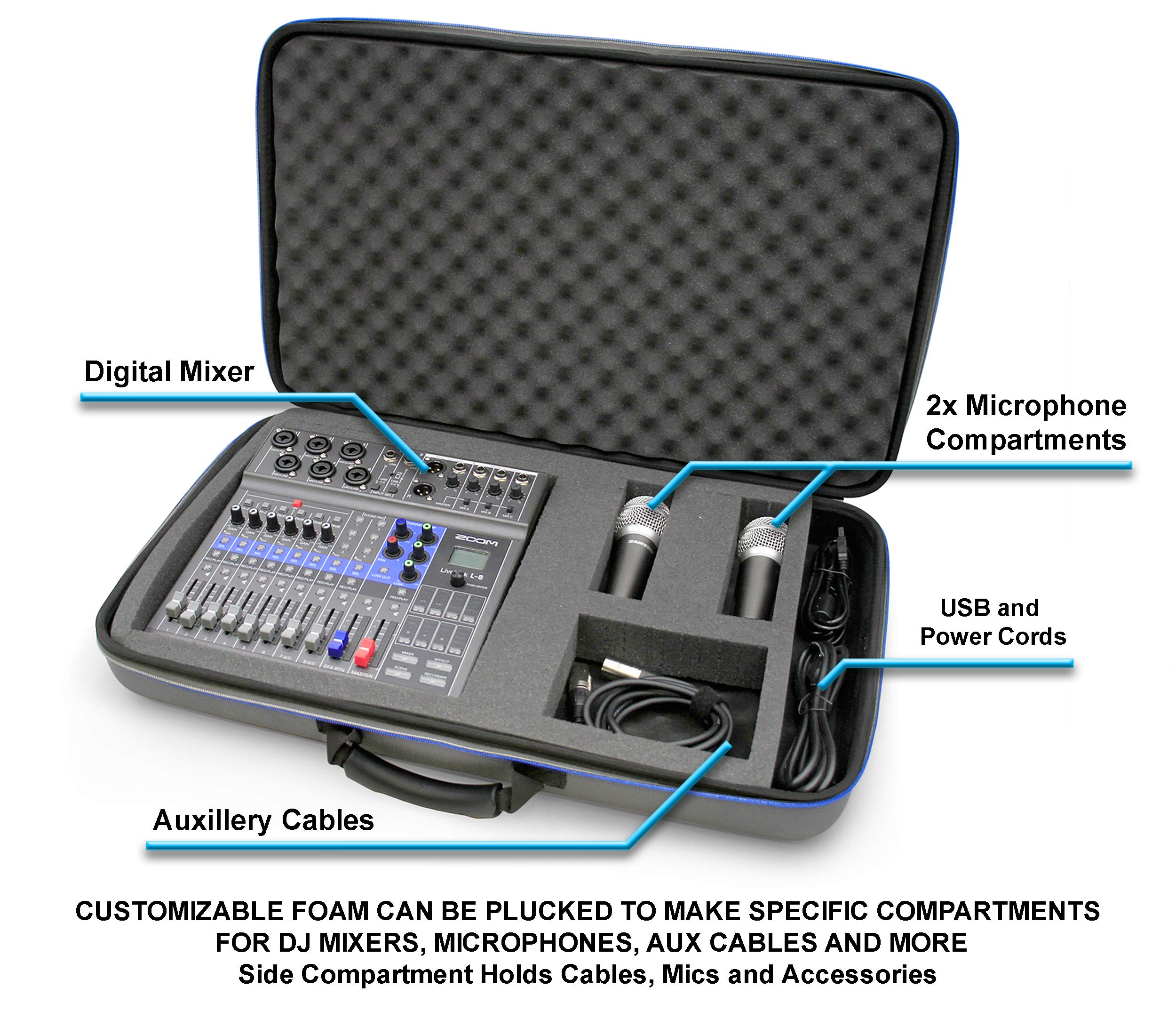 CASEMATIX Music Equipment Mixer Case Compatible with Zoom LiveTrak L-8 Podcast Mixer or PodTrak P8 Recorder and Microphone Accessories - Includes DJ Equipment Gig Bag Travel Case Only
