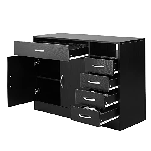Bonnlo Storage Cabinet, 41" Wide Floor Cabinet Organizer with 5 Drawers and 2 Doors, Adjustable Shelf for Bathroom, Kitchen, Living Room, Bedroom, Laundry Room, Entryway, Office, Ample Space Black