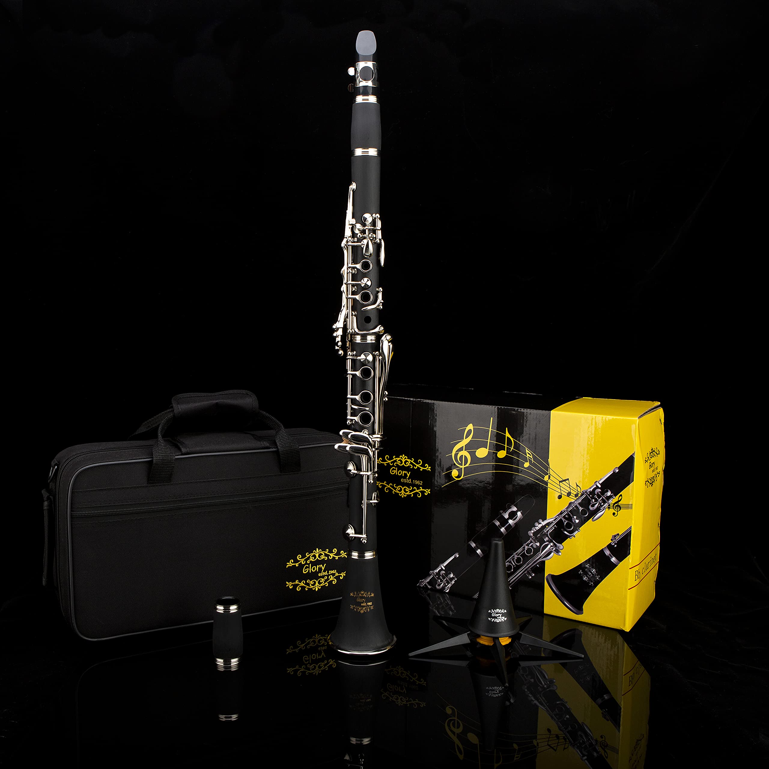 Glory GLY-PBK Professional Ebonite Bb Clarinet with 10 Reeds, Stand, Hard Case, Cleaning Cloth, Cork Grease, Mouthpiece Brush and Pad Brush, Black