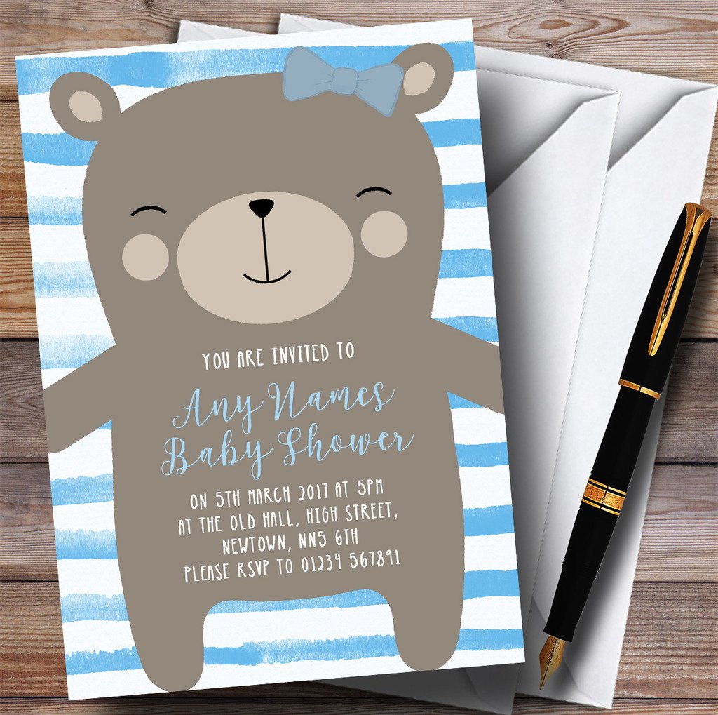 Large Teddy Bear Blue Invitations Baby Shower Invitations