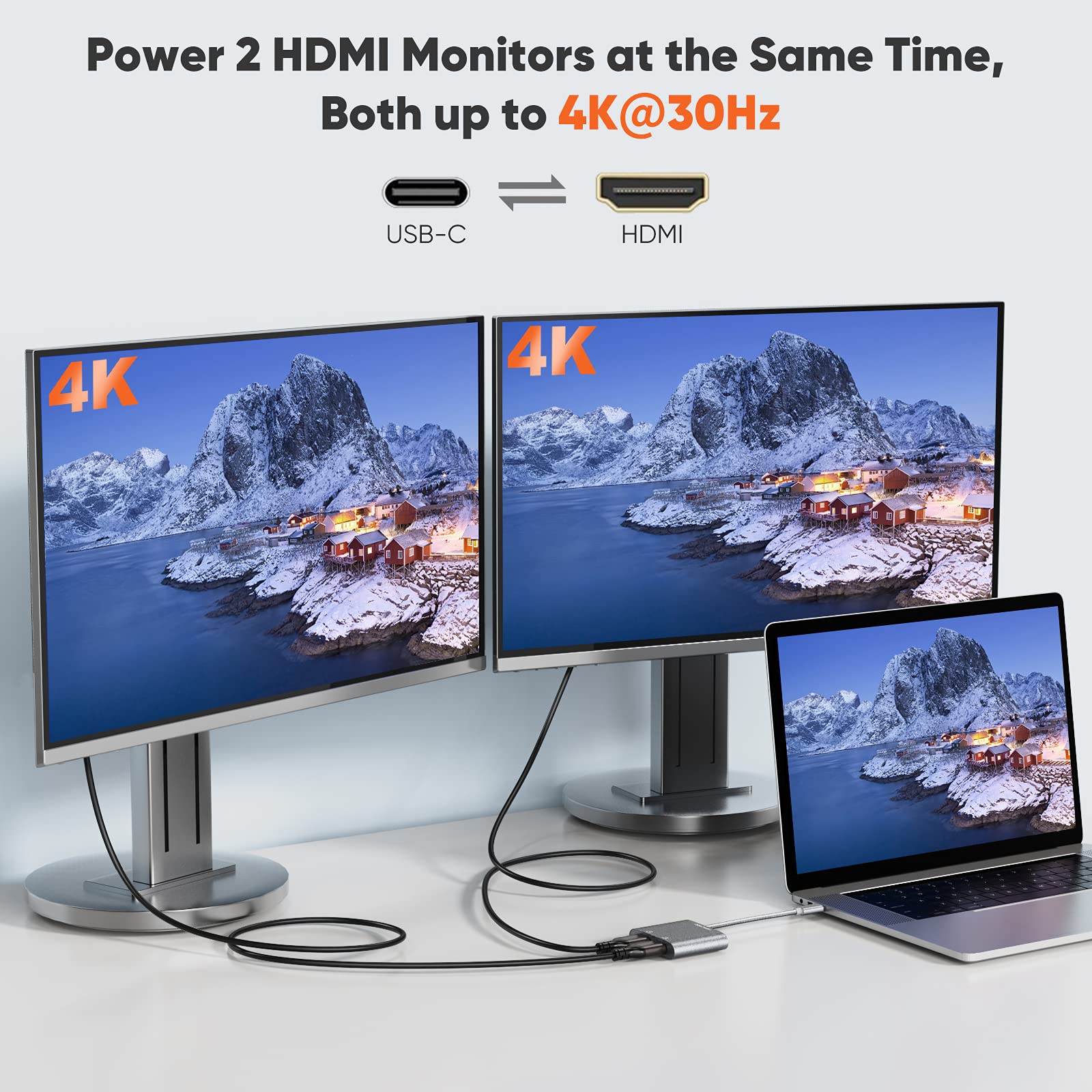 USB C to Dual HDMI 4K Adapter, CableCreation USB Type C (Compatible Thunderbolt 3) to 2 HDMI Adapter Compatible with MacBook Pro 2020/2019/2018/2017,XPS 13/Surface Book 2,Chromebook Pixel, Yoga 710
