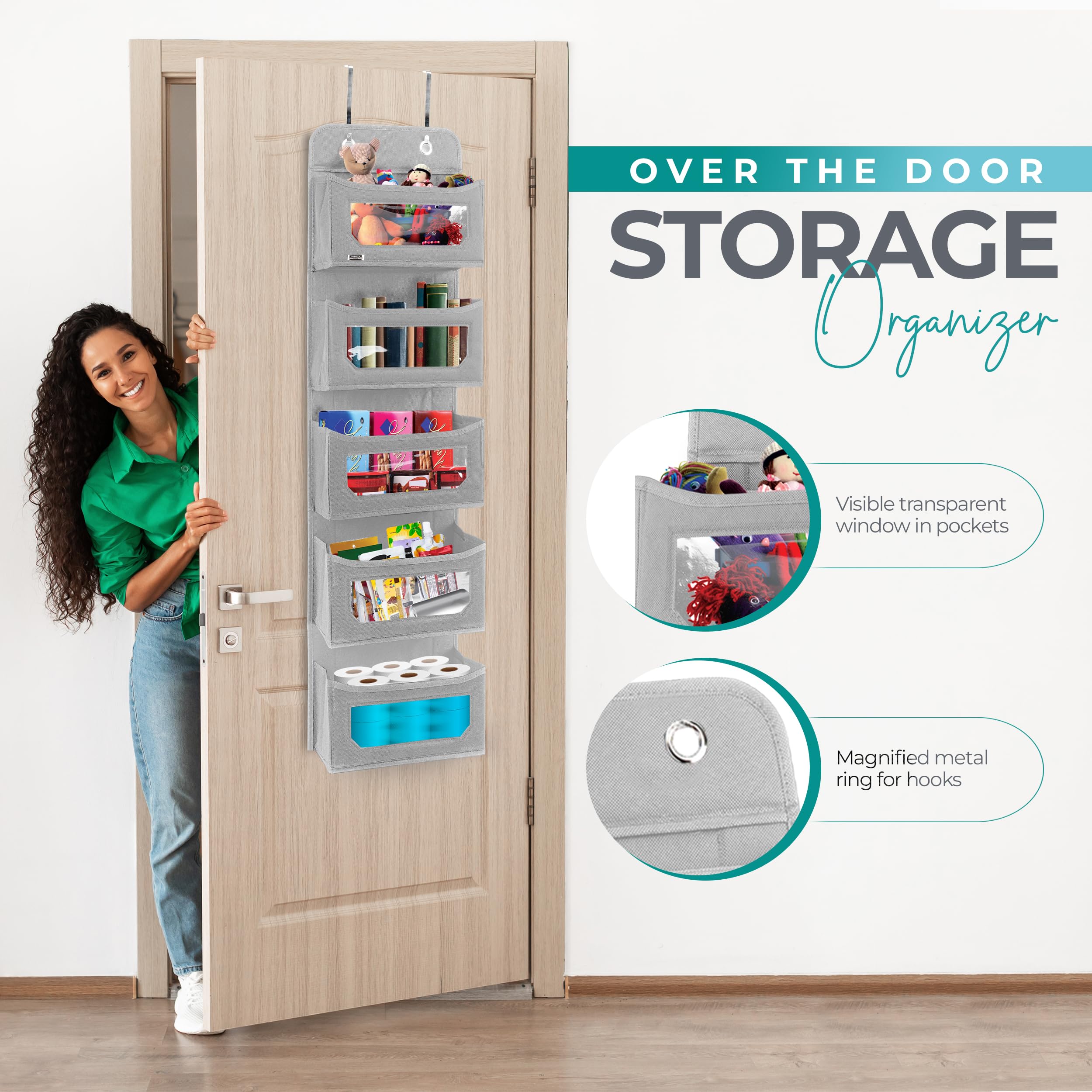 Utopia Home Hanging Closet Organizer, Over The Door Storage with Compartments, Over The Door Pantry Organizer, Hanging Organizers for Sweaters (5 Pockets, Grey)