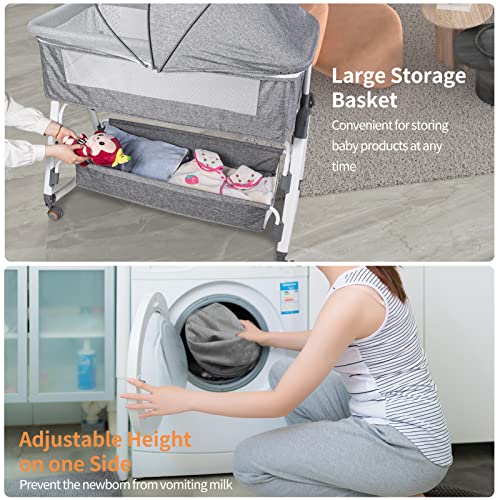Baby Bassinet, Bedside Bassinet for Baby, Bassinet Bedside Sleeper with Wheels, 5 Height Adjustable, Baby Bassinet Sleeper Included Mosquito Net + Storage Basket… Grey